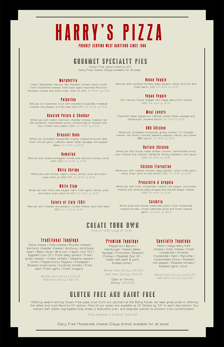 Harry's Bishop's Corner Pizza Menu - West Hartford - CT